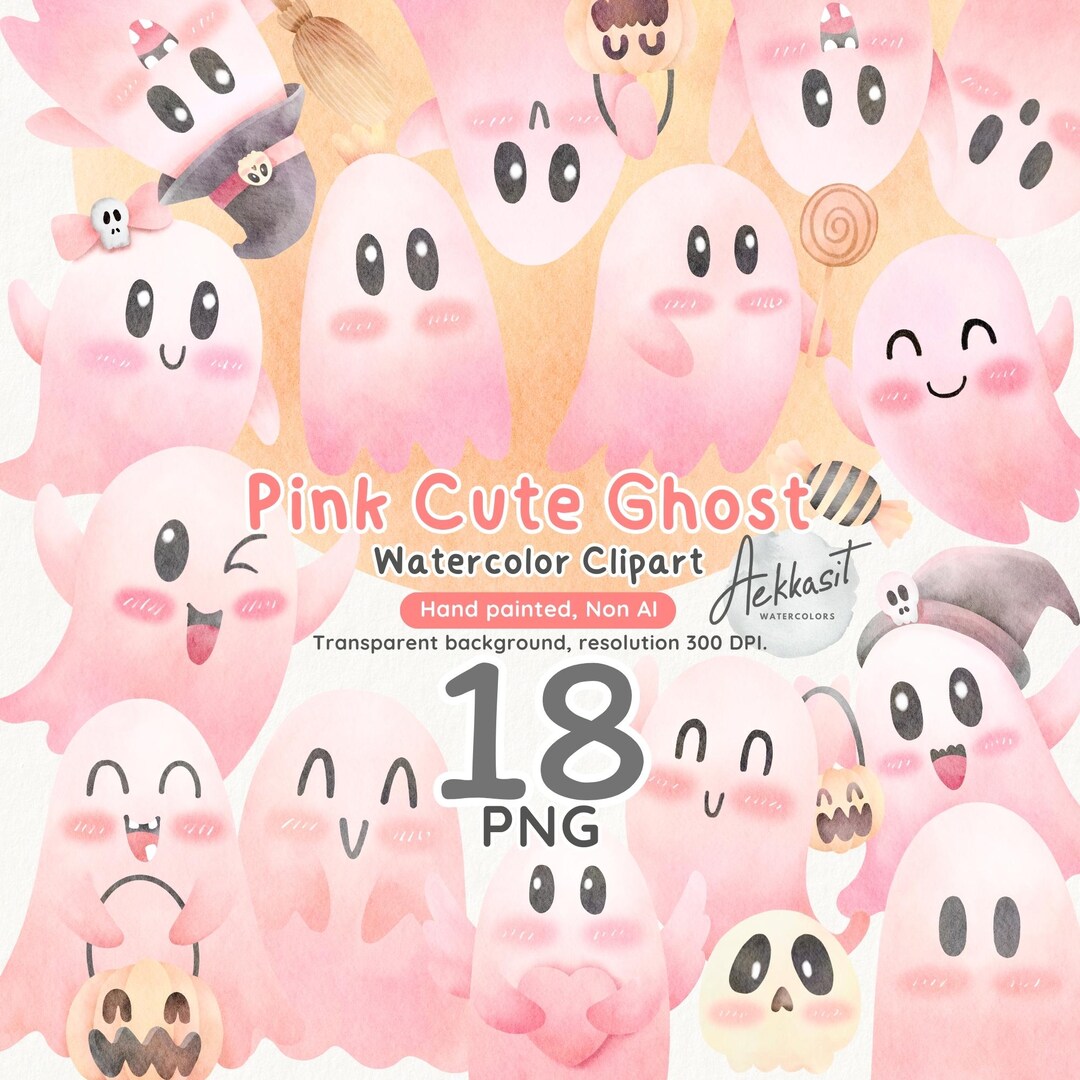 Cute Pink Ghost Clipart, Watercolor Cute Ghost PNG, Halloween Clipart ...