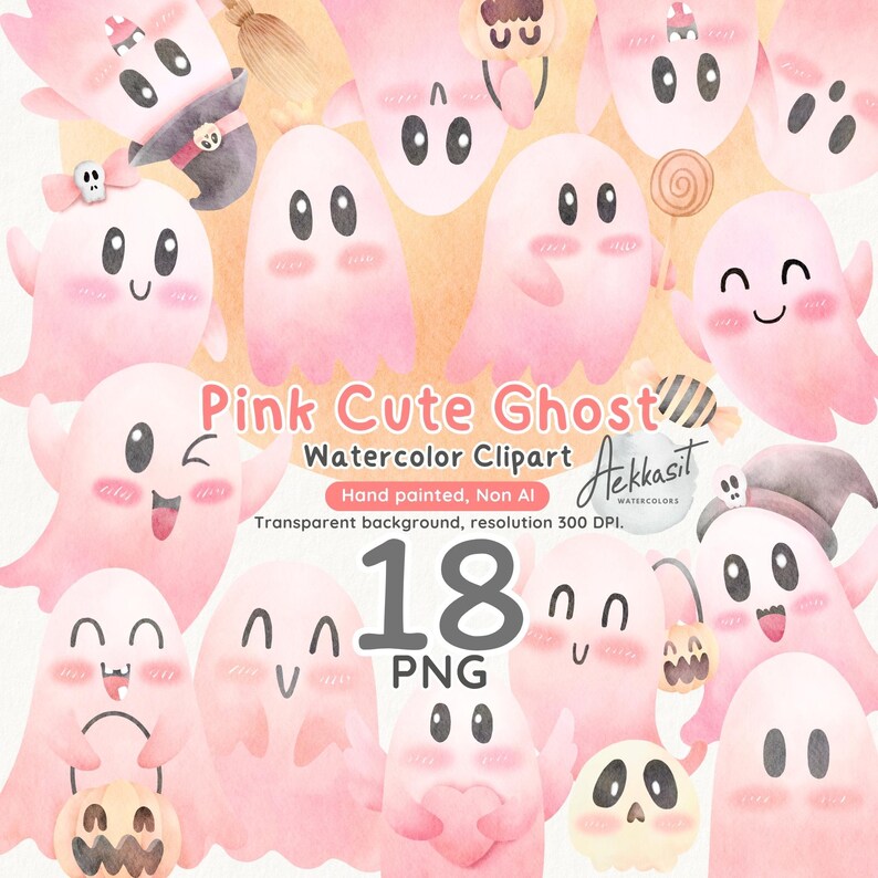 Pink Cute Ghost Clipart Cute Halloween Clipart Cute Watercolor Ghost ...