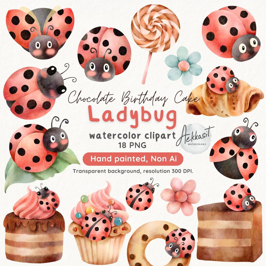 Watercolor Ladybug Clipart Bundle: Birthday Cake Design (PNG Digital ...