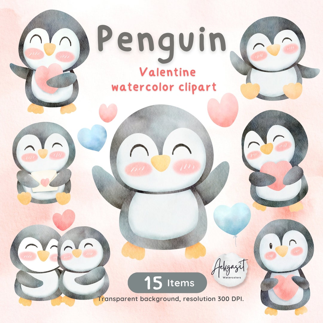 Valentine Penguin Clipart, Cute Watercolor Animals, Nursery PNG ...