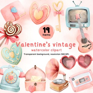 Valentine's Vintage Watercolor Clipart - 19 Romantic Retro Elements ...
