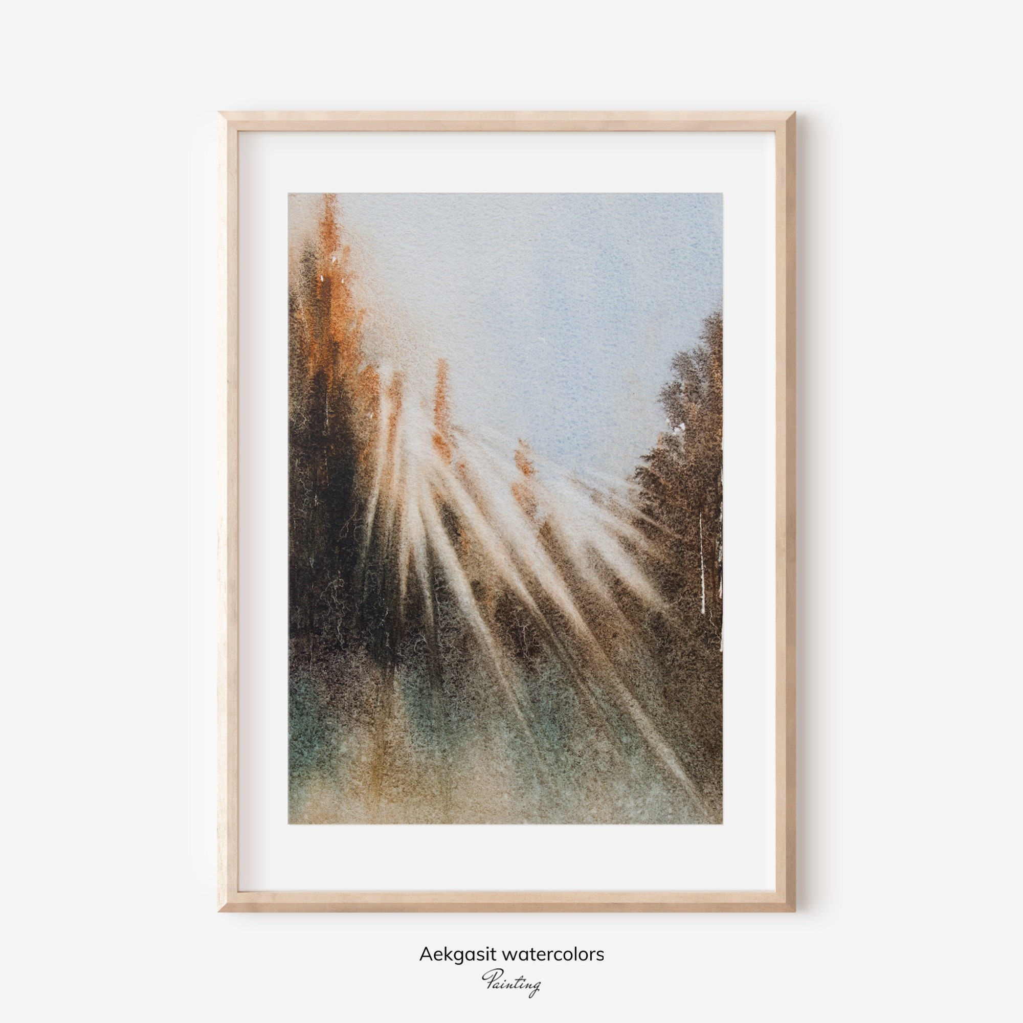 Forest Sunbeam Printable Watercolor Wall Art Digital Download, Nature ...
