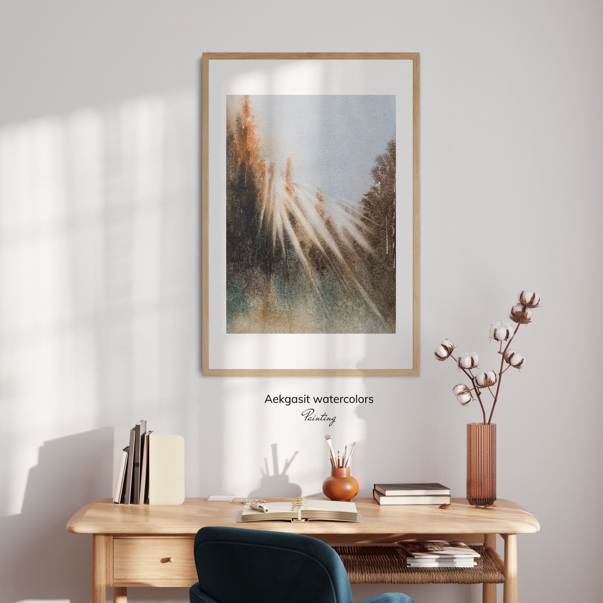 Forest Sunbeam Printable Watercolor Wall Art Digital Download, Nature ...
