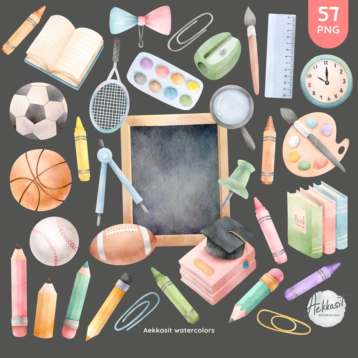 Colorful Back to School Clipart Set Watercolor School Supplies for ...