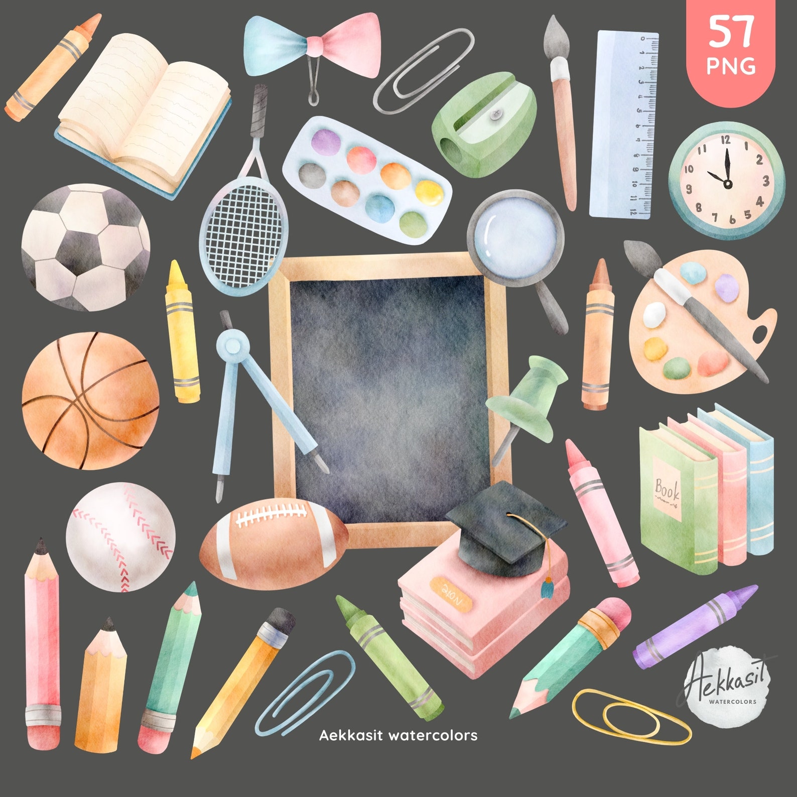 Colorful Back to School Clipart Set Watercolor School Supplies for ...