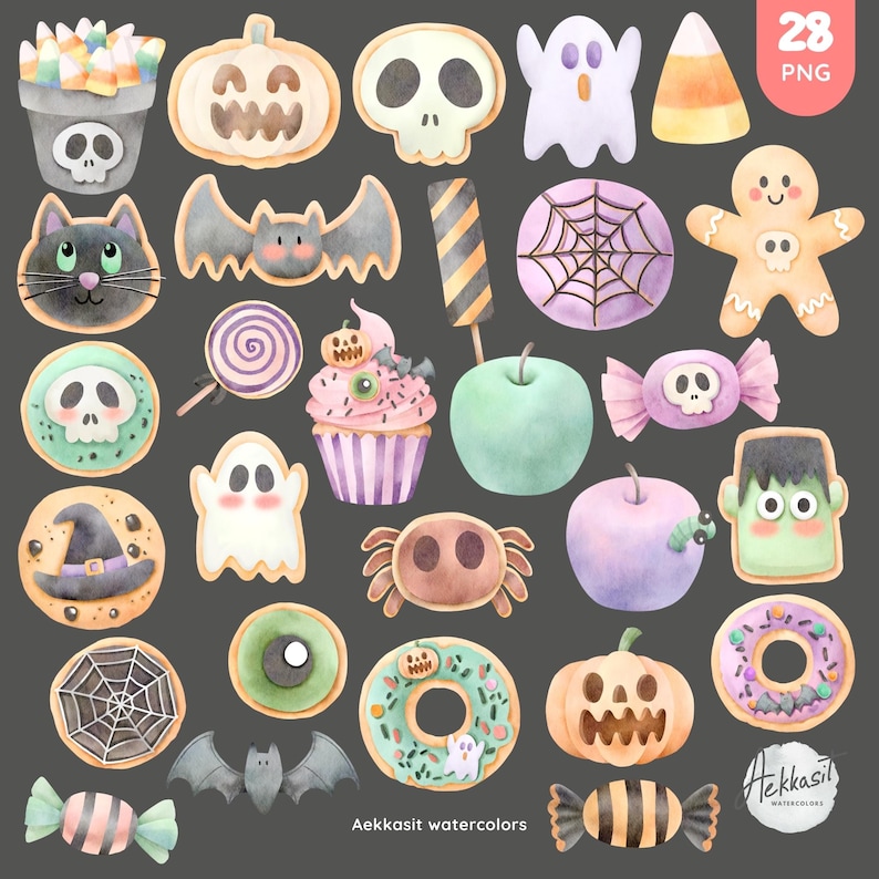 Halloween Sweets Clipart, Watercolor Cupcake Png, Spooky Candy Designs ...