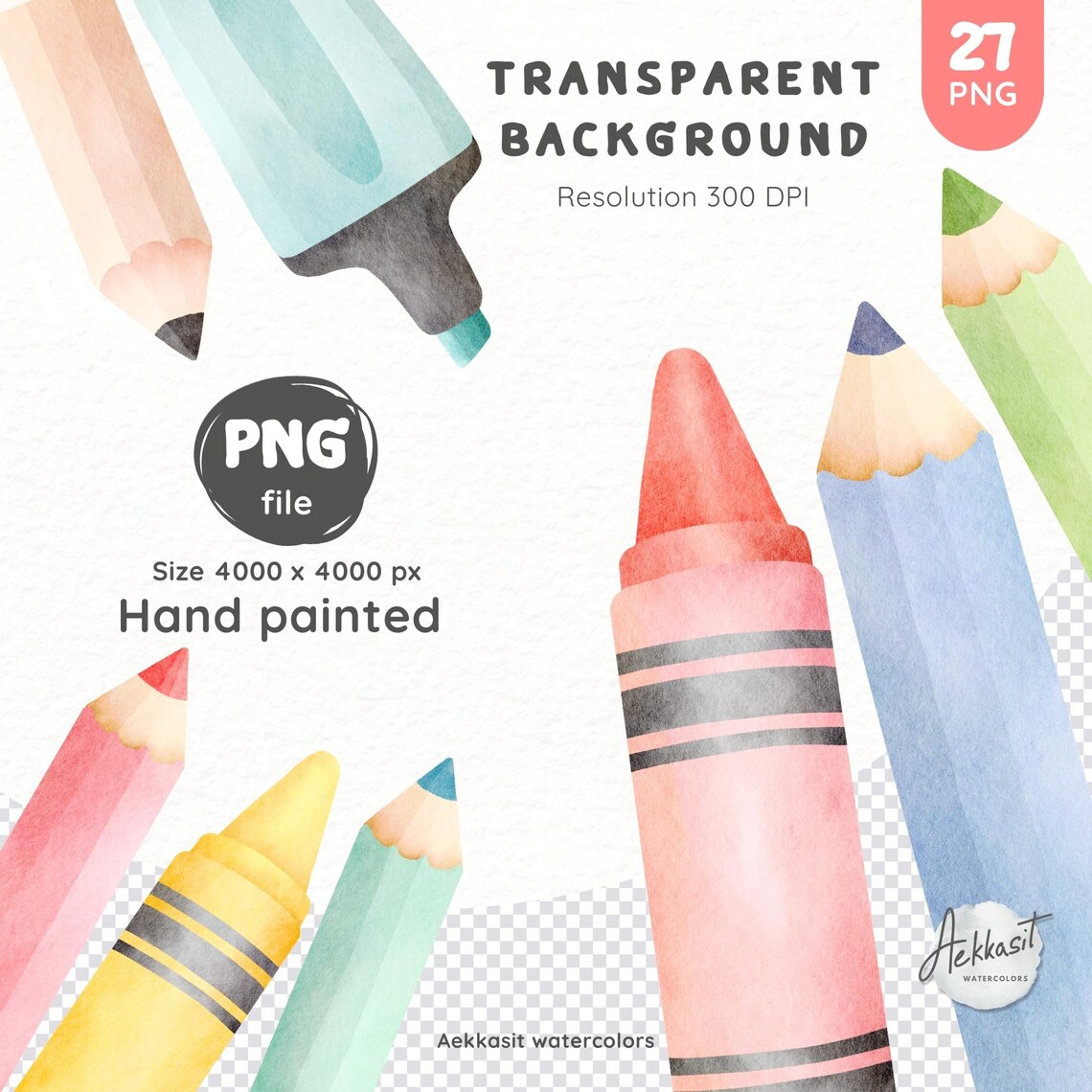 Cute School Supply Clipart, Colorful Pencil Clip Art, Watercolor School ...