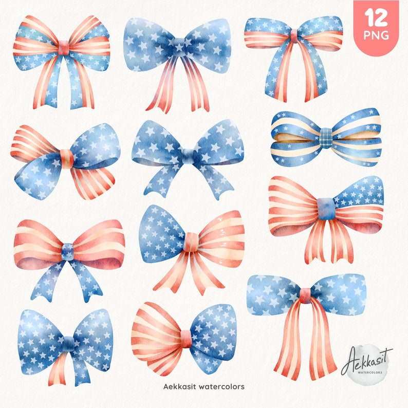 Preppy Bow Flag Fourth of July Preppy Watercolor Clipart Coquette Bow ...
