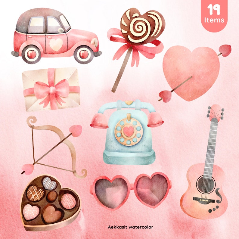 Valentine's Vintage Watercolor Clipart - 19 Romantic Retro Elements ...