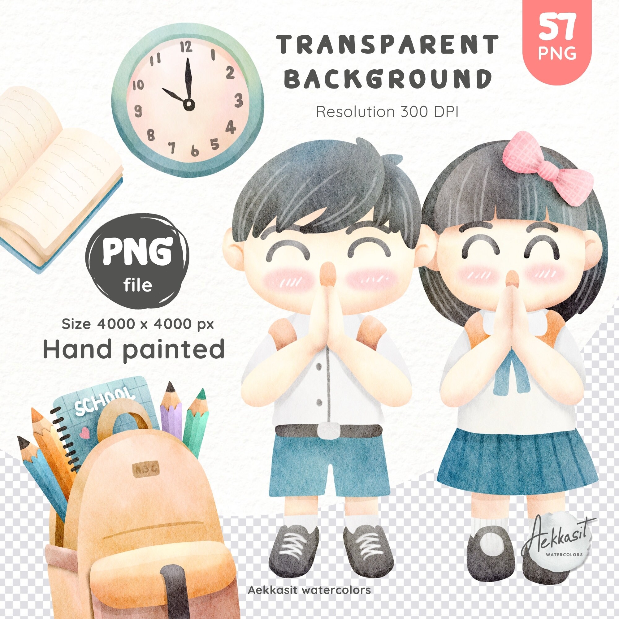 Colorful Back to School Clipart Set Watercolor School Supplies for ...