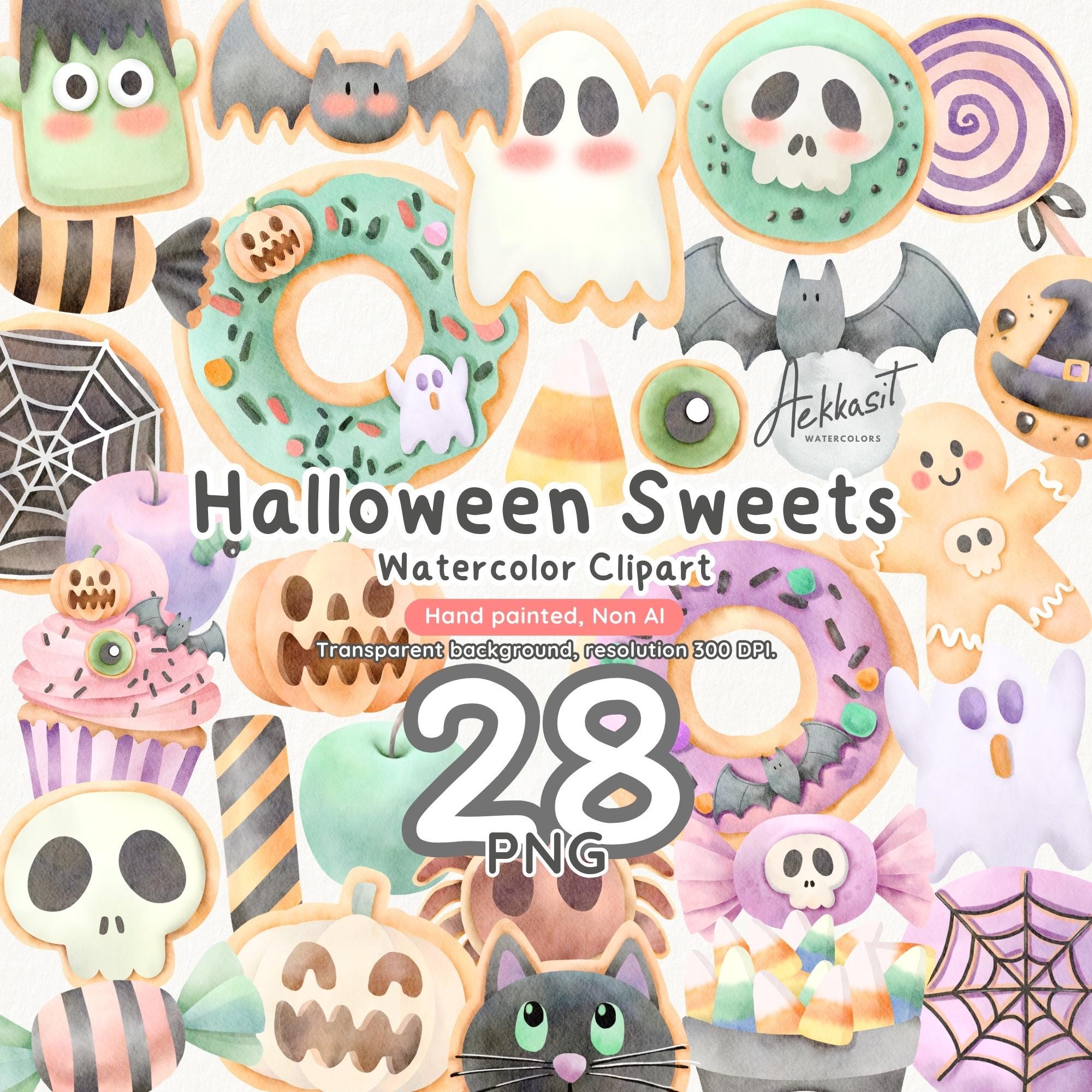 Halloween Sweets Clipart, Watercolor Cupcake Png, Spooky Candy Designs ...