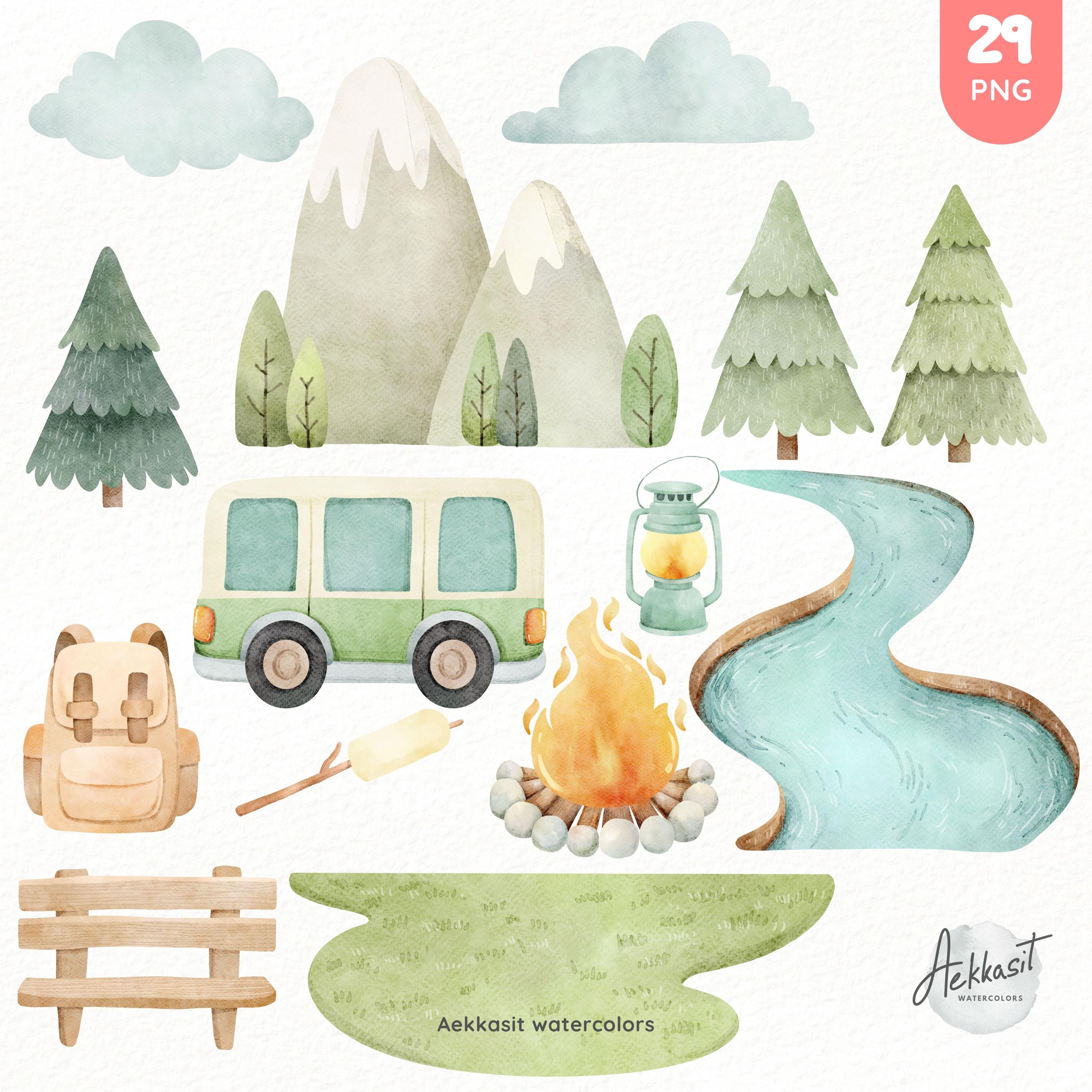 Camping Watercolor Clipart | 29 PNG Hand Painted Camping Elements ...