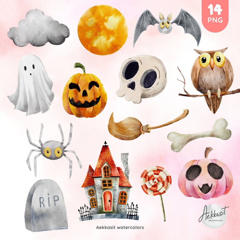 Watercolor Halloween Clipart Spooky Clipart Haunted Houses Bat Clipart ...