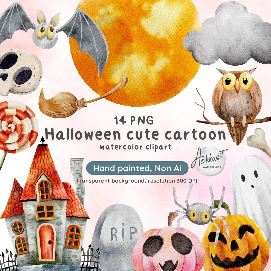 Watercolor Halloween Clipart Bat, Cute Ghost Bundle, Spooky Pumpkin ...
