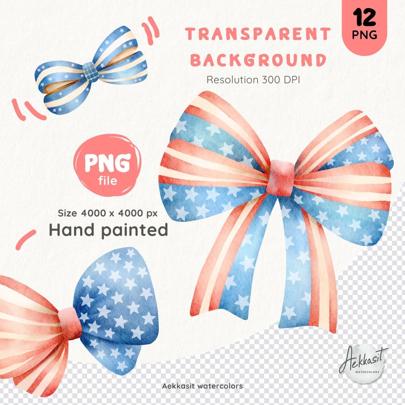 Preppy Bow Flag Fourth of July Preppy Watercolor Clipart Coquette Bow ...