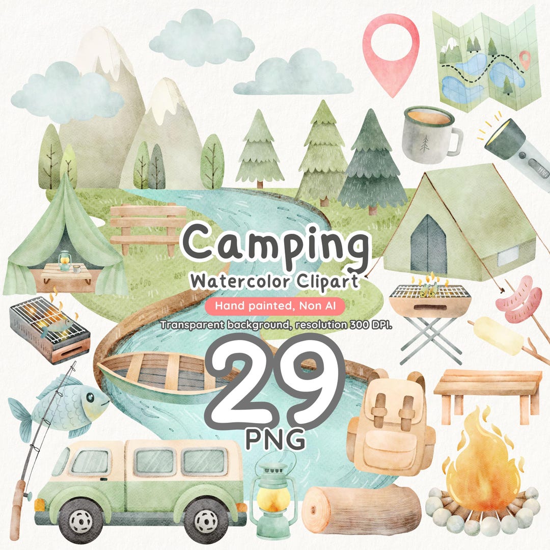 Camping Watercolor Clipart | 29 PNG Hand Painted Camping Elements ...