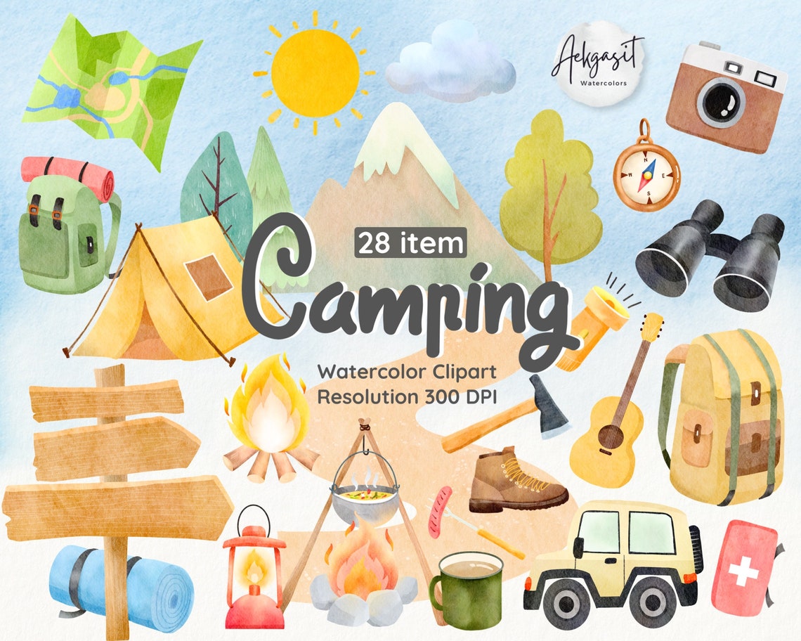 Camping Gear Clipart | Watercolor Camping Graphics | Digital Download ...