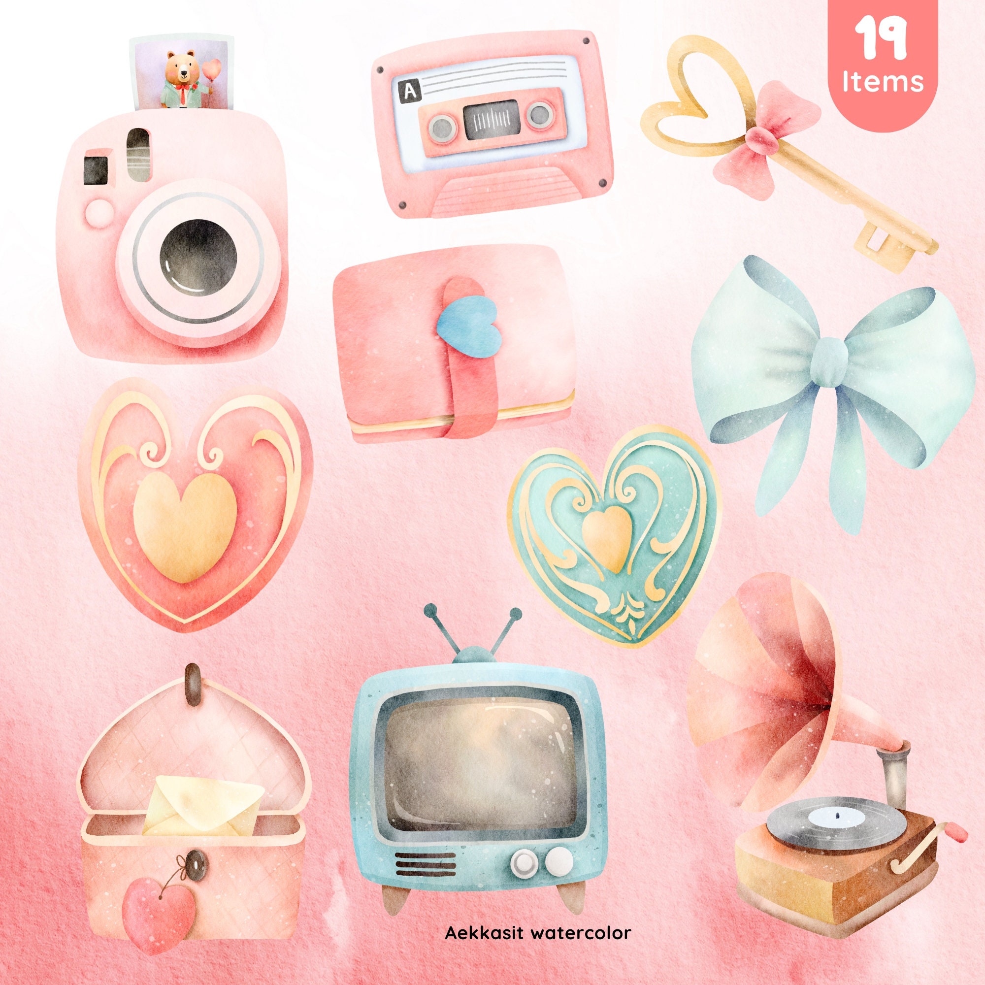 Valentine's Vintage Watercolor Clipart - 19 Romantic Retro Elements ...