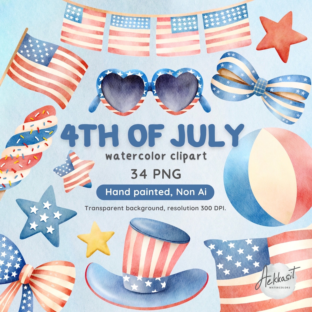4th of July Watercolor Clip Art - Patriotic Independence Day Graphics ...