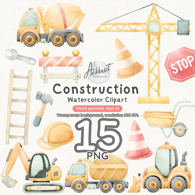 Watercolor Construction PNG - Hand-painted Vehicle Clipart for Kids ...