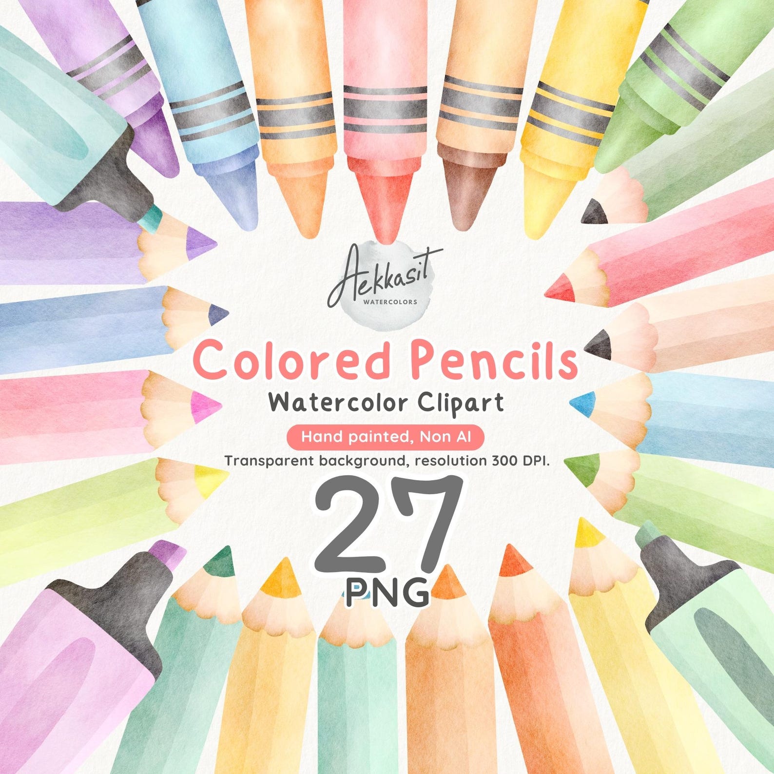 Cute School Supply Clipart, Colorful Pencil Clip Art, Watercolor School ...
