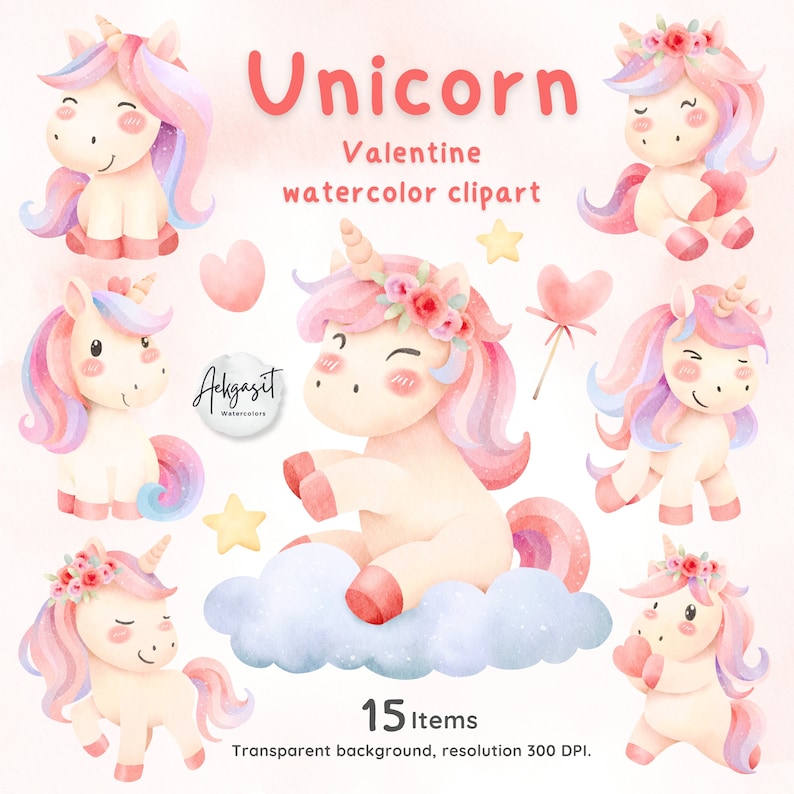 Watercolor Cute Unicorn Clipart, Baby Unicorn PNG, Valentine Designs ...