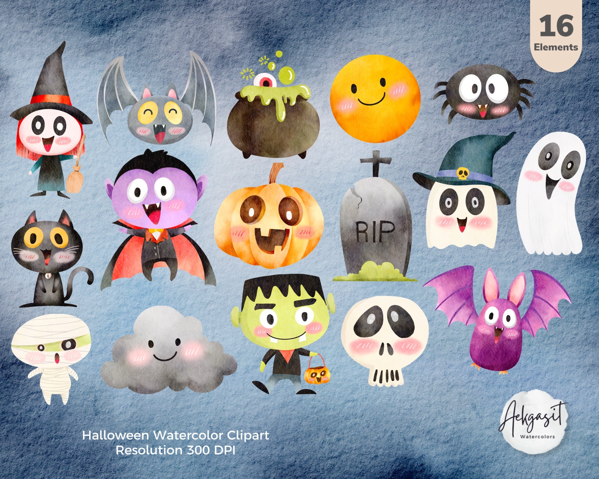 Spooky Halloween Watercolor Clipart Set Pumpkin Clipart Ghost Png Bat ...