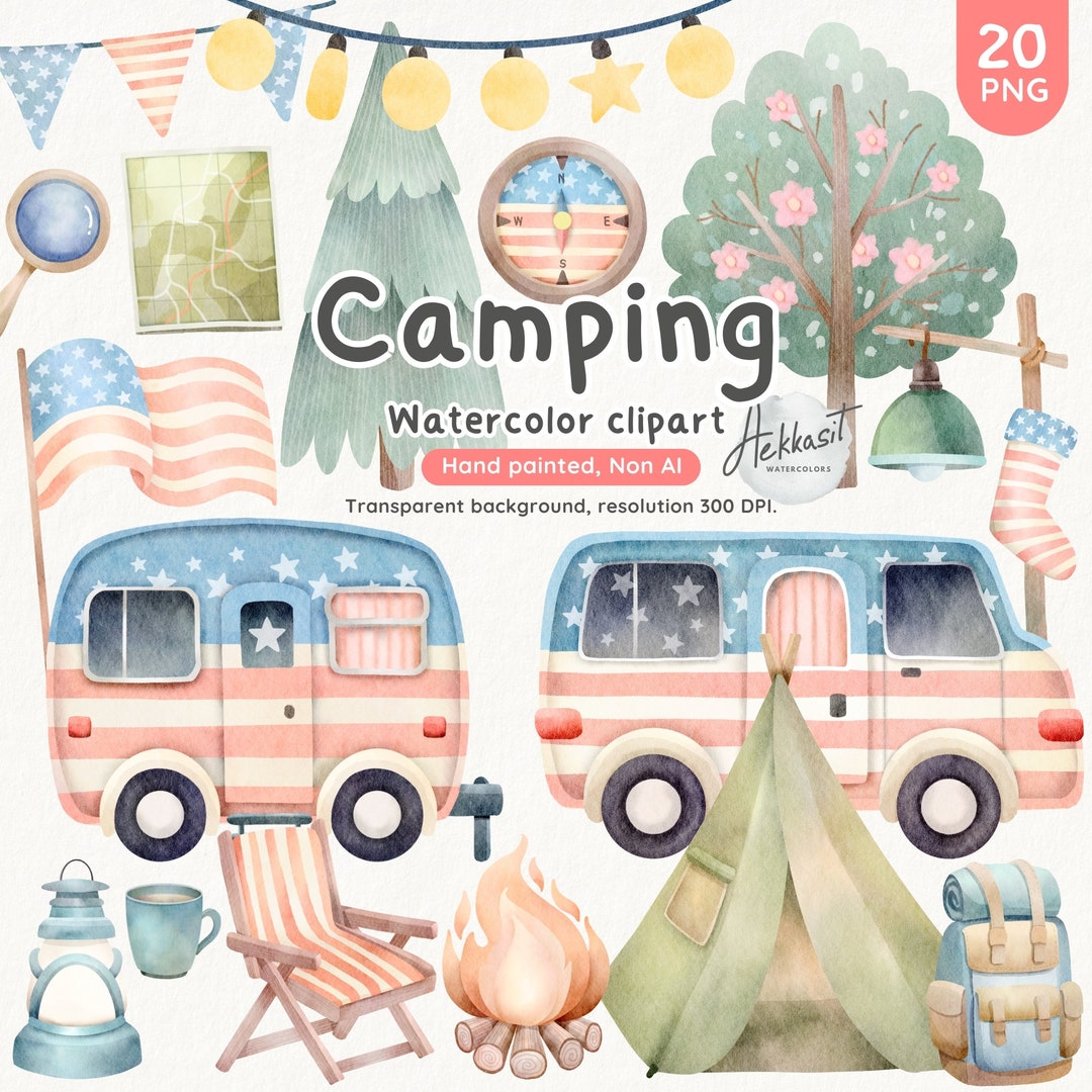 4th of July Camper PNG: Watercolor Camping Clipart Set (digital ...