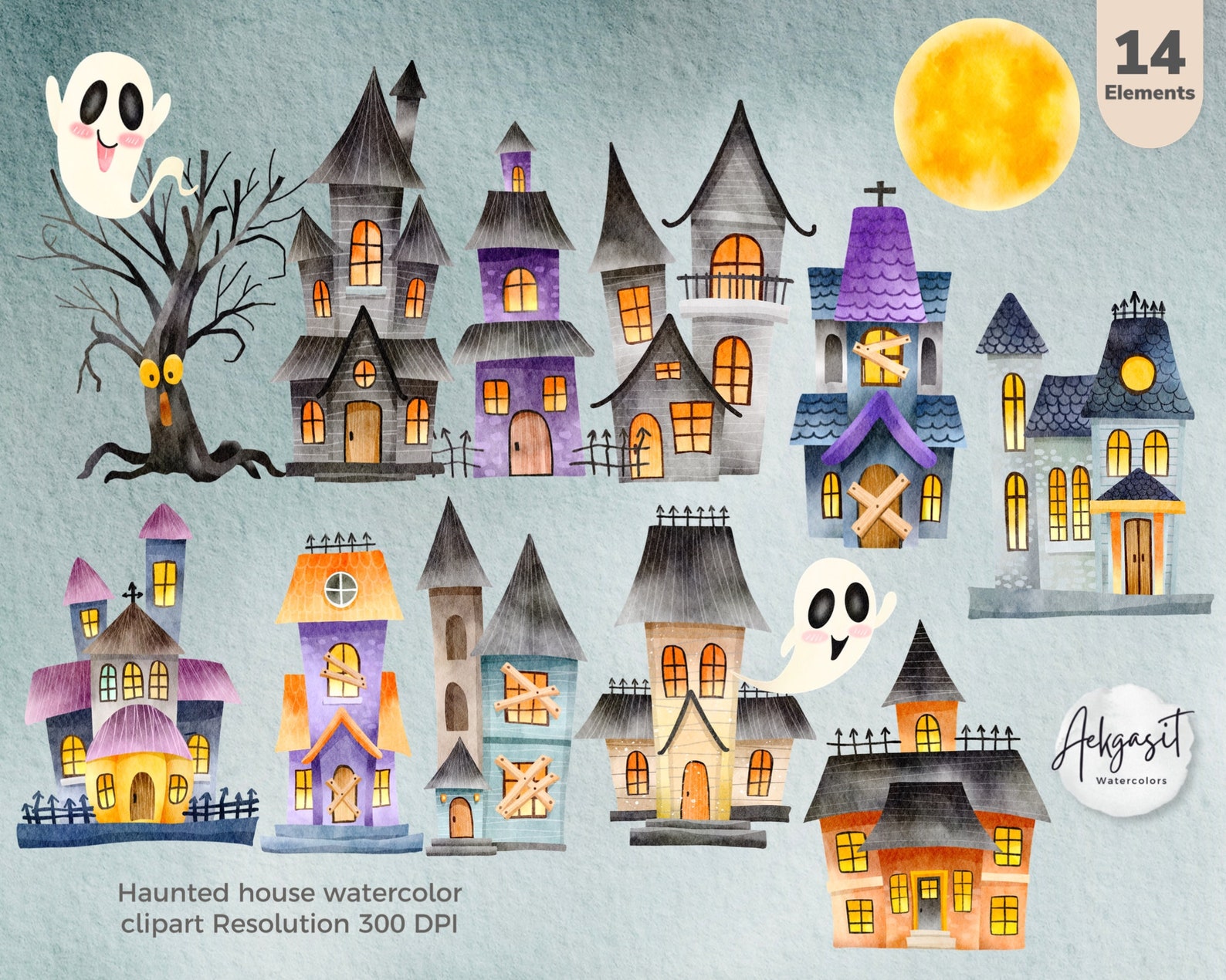 Watercolor Halloween Clipart Haunted Houses and Ghosts Illustration ...