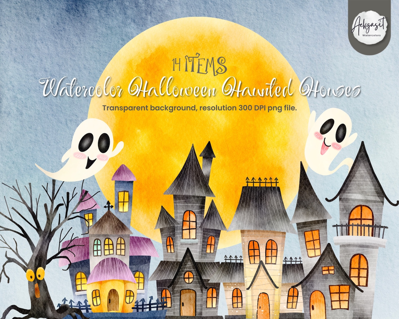 Watercolor Halloween Clipart Haunted Houses and Ghosts Illustration ...