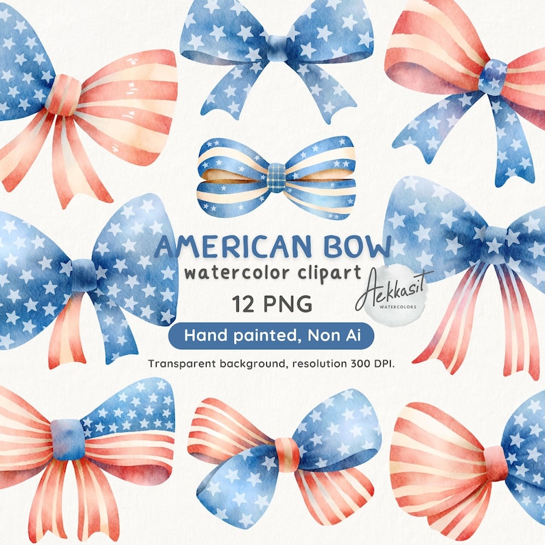 Preppy Bow Flag Fourth of July Preppy Watercolor Clipart Coquette Bow ...