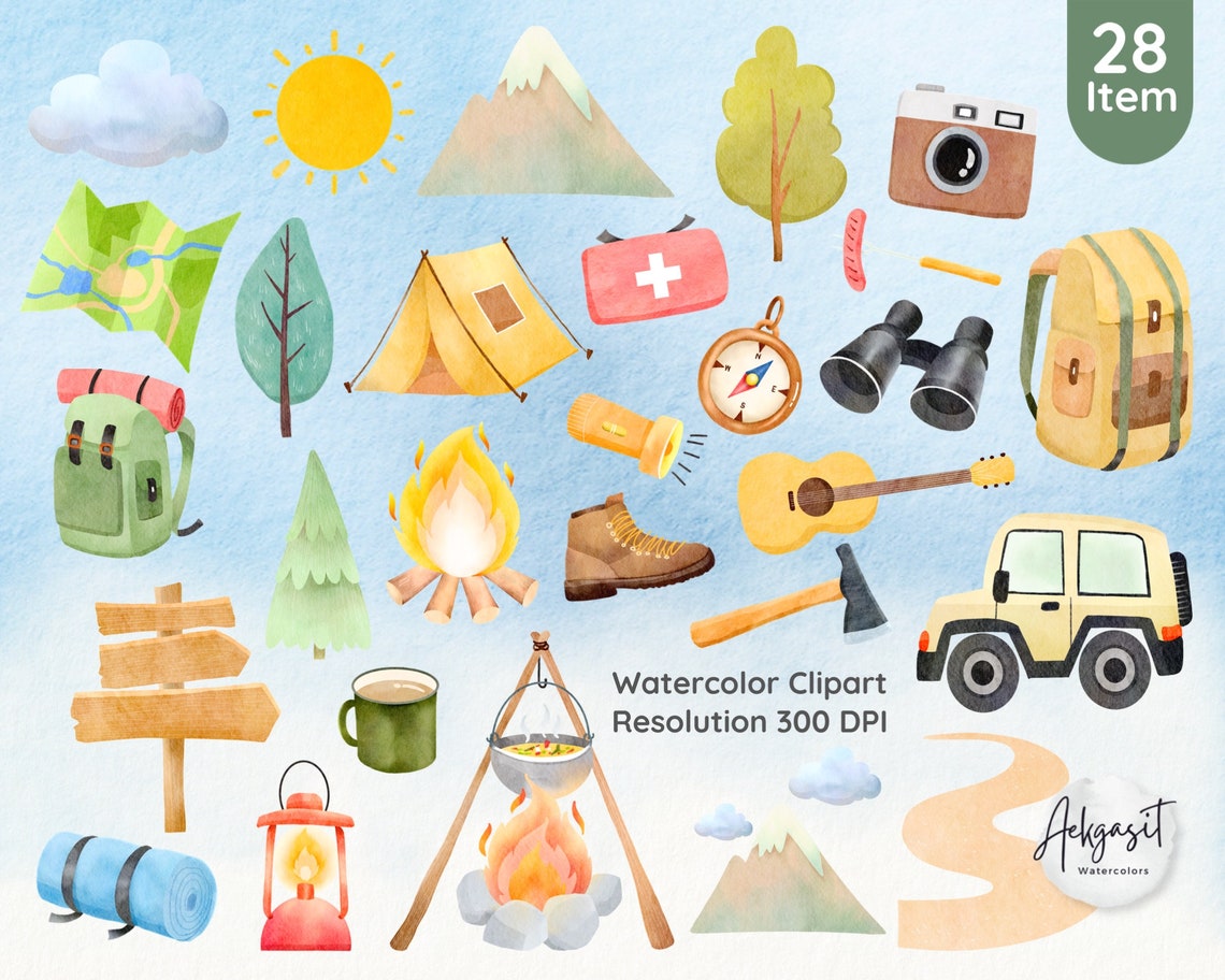 Camping Gear Clipart | Watercolor Camping Graphics | Digital Download ...