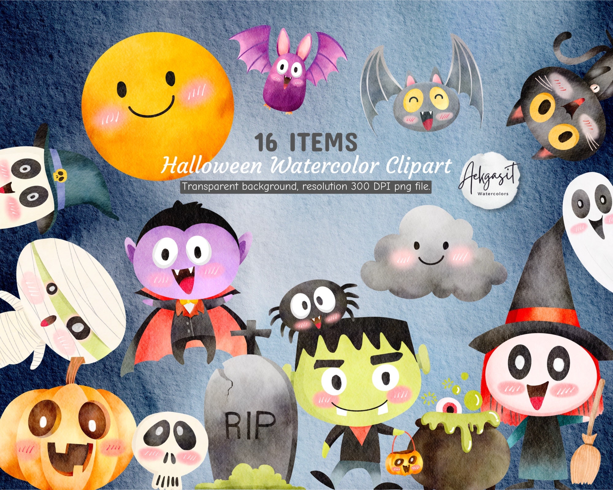 Spooky Halloween Watercolor Clipart Set Pumpkin Clipart Ghost Png Bat ...