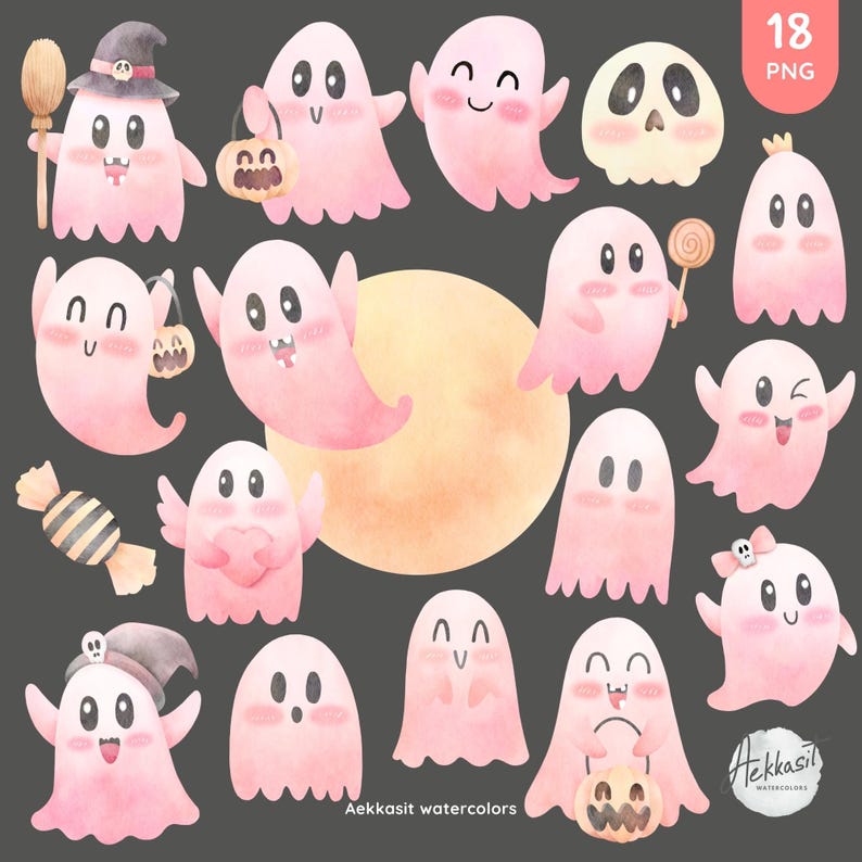 Cute Pink Ghost Clipart, Watercolor Cute Ghost PNG, Halloween Clipart ...