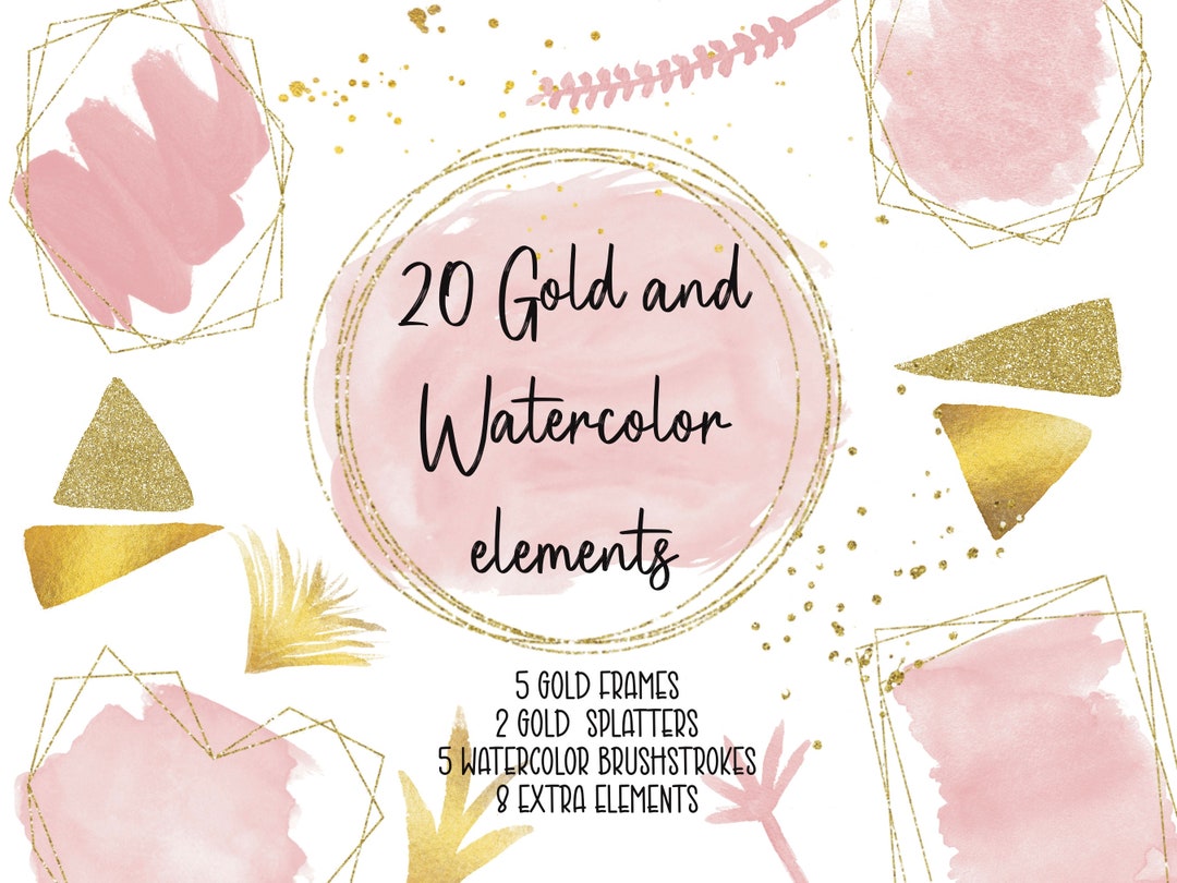 Gold Frames Clipart. Pink Watercolor Brushstrokes PNG. Wedding Clip Art ...
