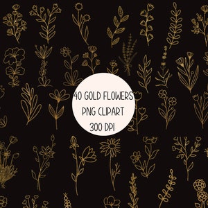 Gold Glitter Wild Flowers, Gold Floral Clip Art, Glitter Leaves ...
