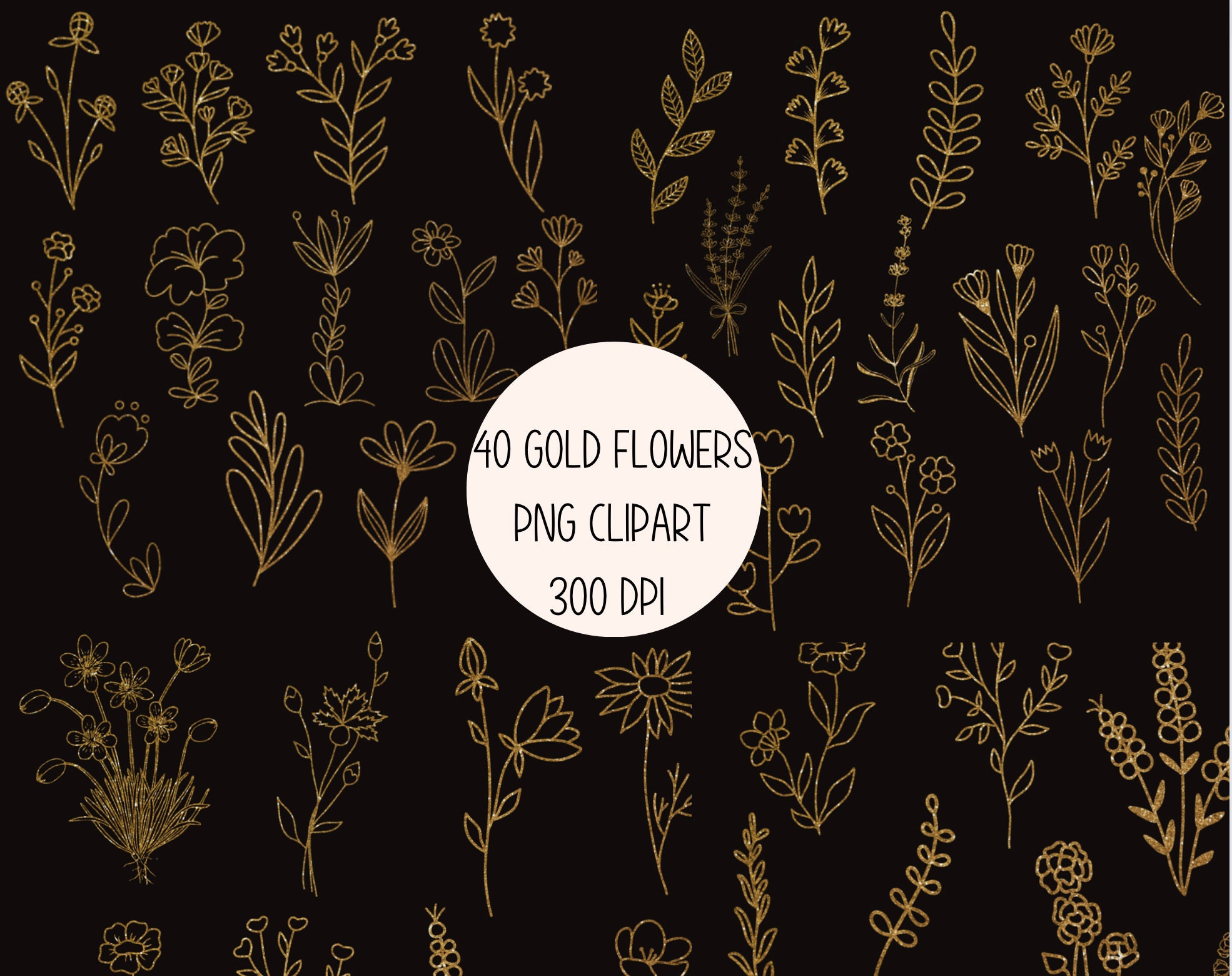 Gold Glitter Wild Flowers, Gold Floral Clip Art, Glitter Leaves ...