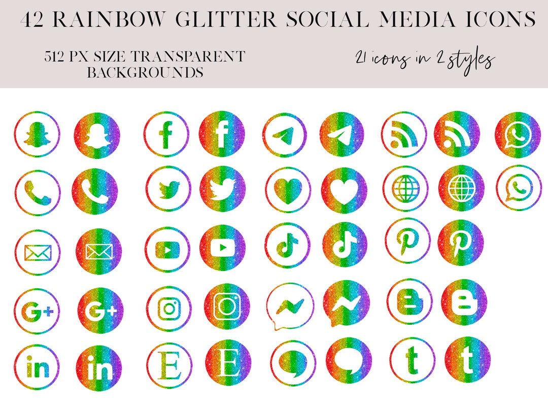 Rainbow Transparent Social Media Icons, Glittery Social Sharing Icons ...