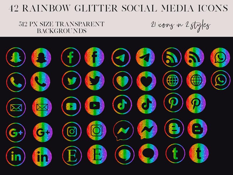 Rainbow Transparent Social Media Icons, Glittery Social Sharing Icons ...