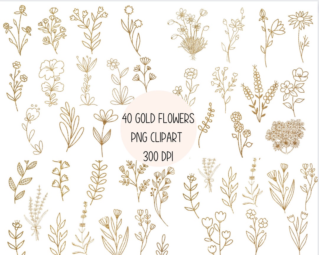 Gold Glitter Wild Flowers, Gold Floral Clip Art, Glitter Leaves ...
