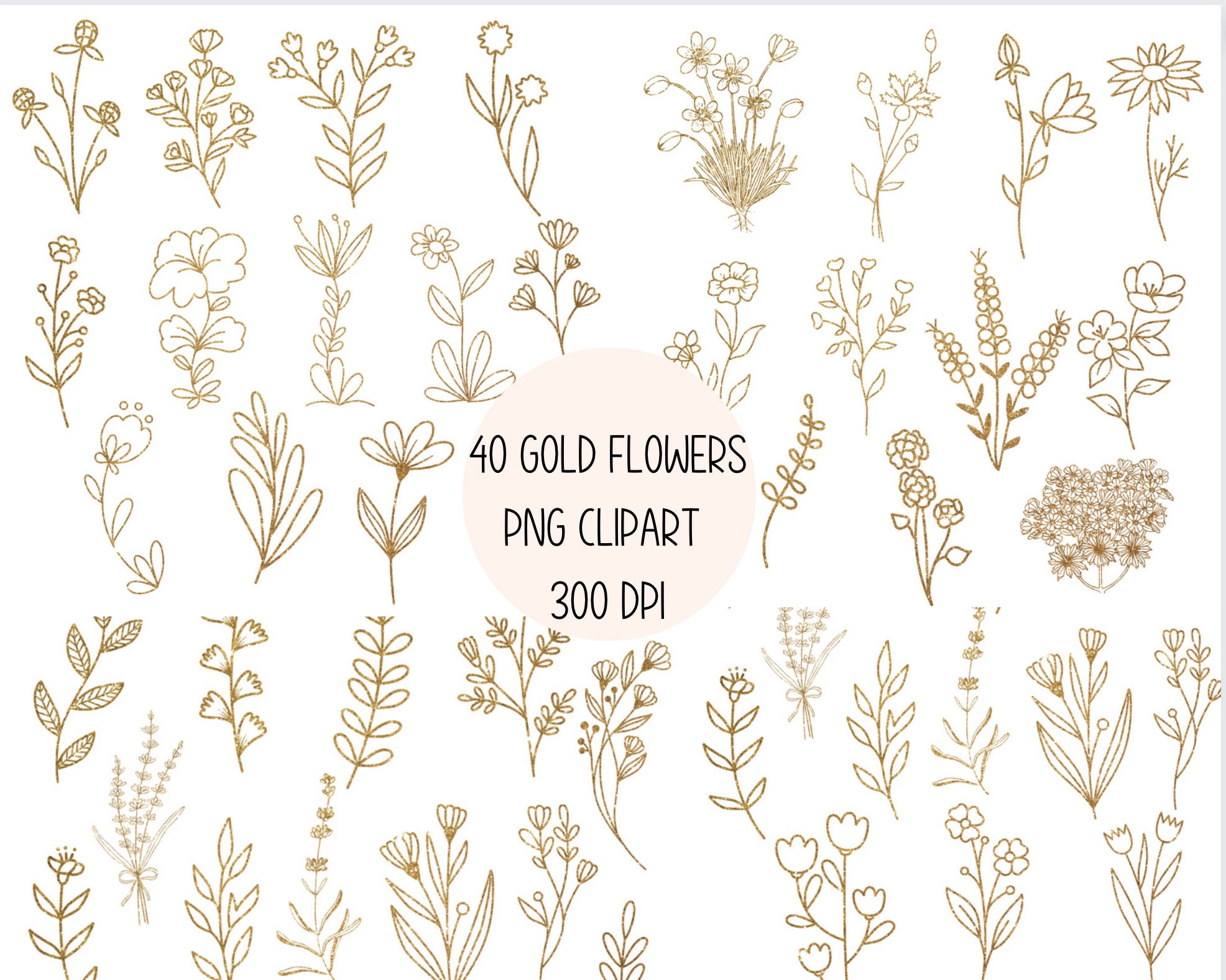 Gold Glitter Wild Flowers, Gold Floral Clip Art, Glitter Leaves ...