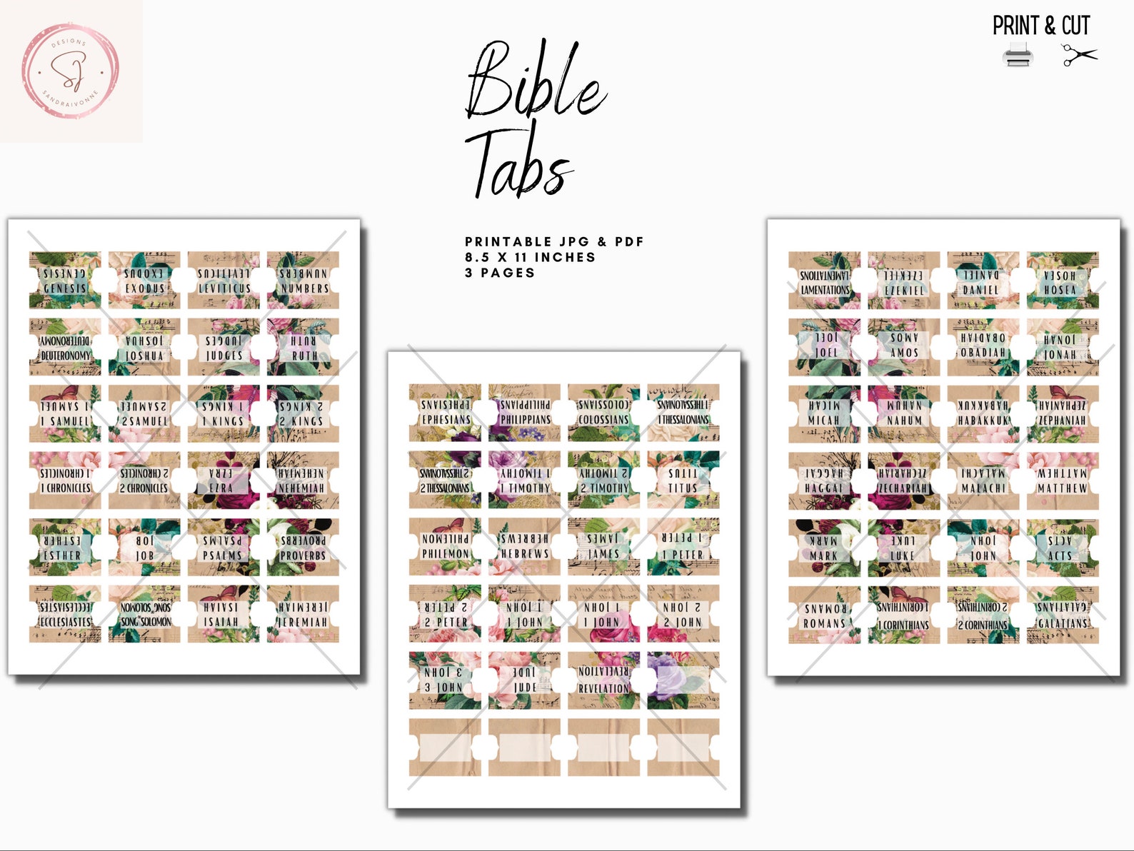 Printable Double Sided Floral Bible Tabs, Bible Tab Printable ...