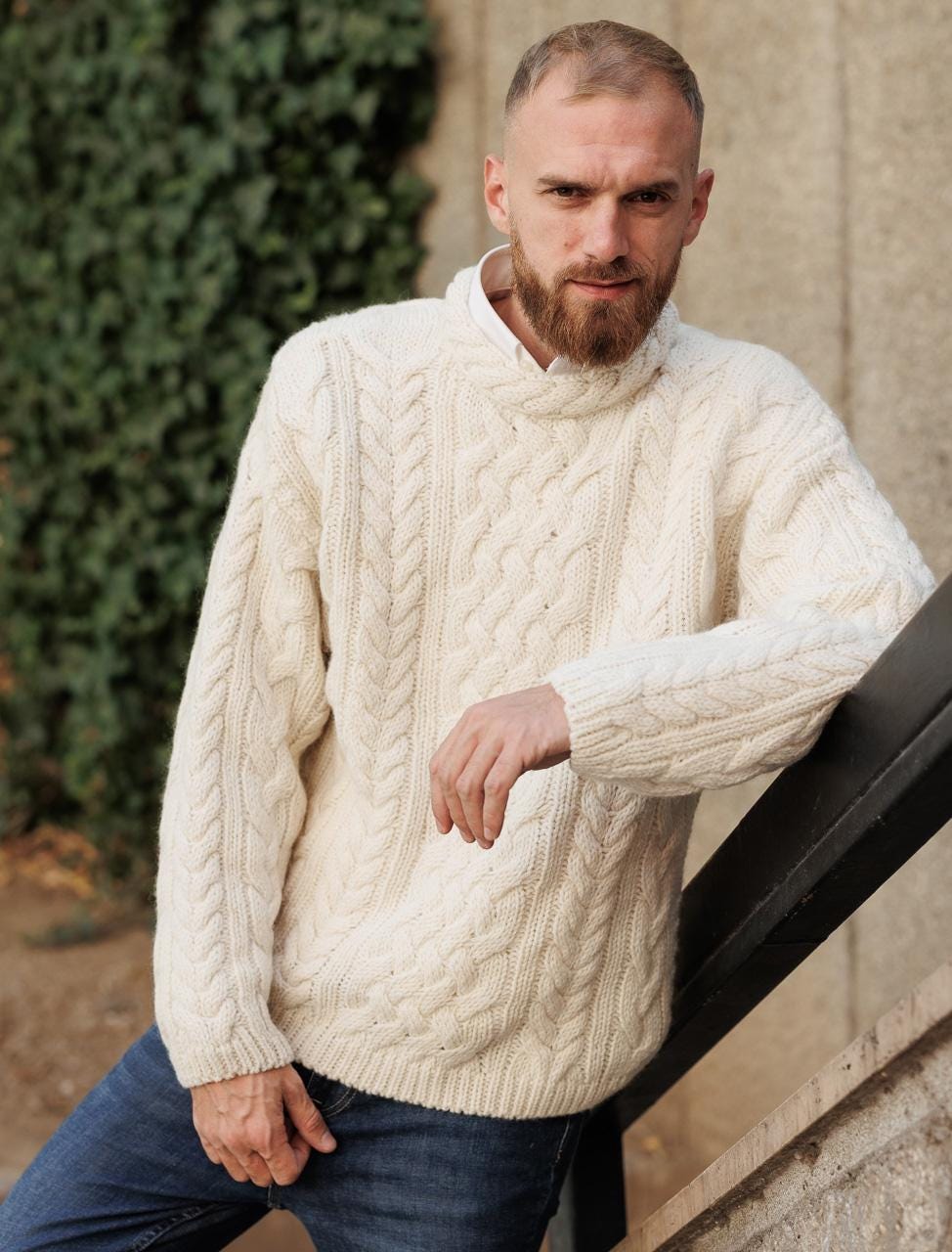 Irish Merino Wool - Classic Aran Fisherman Sweater - Ecru - Ireland ...