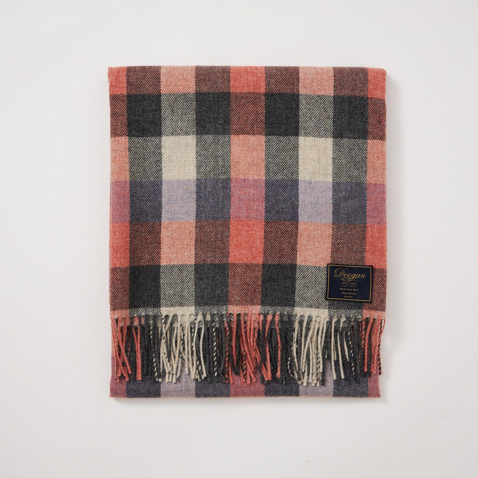Irish Plaid 100% Wool Throw - Donegal Peach / Grey Block Twill ...