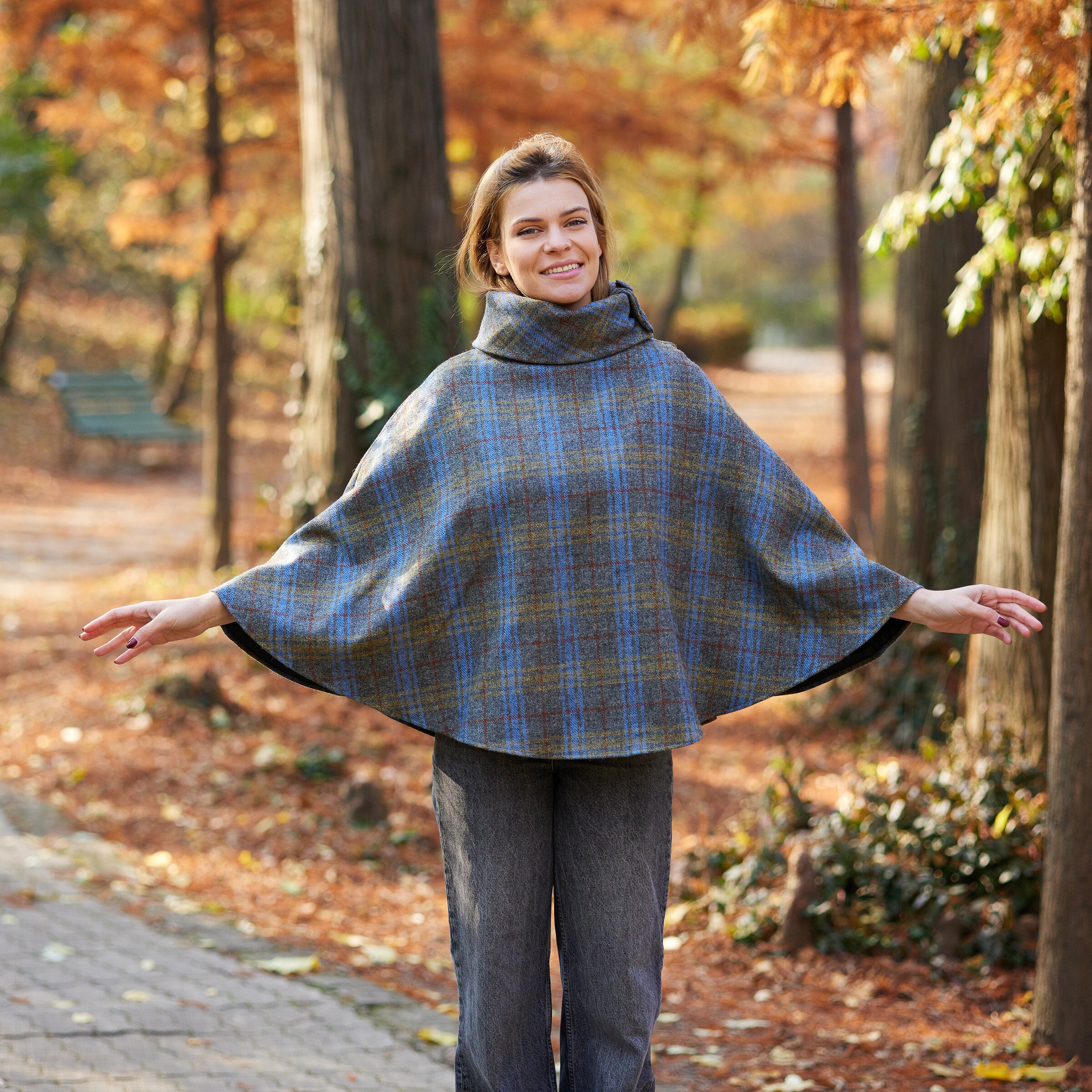 Irish Donegal Tweed Cape/poncho blue / Mustard Plaid | Etsy
