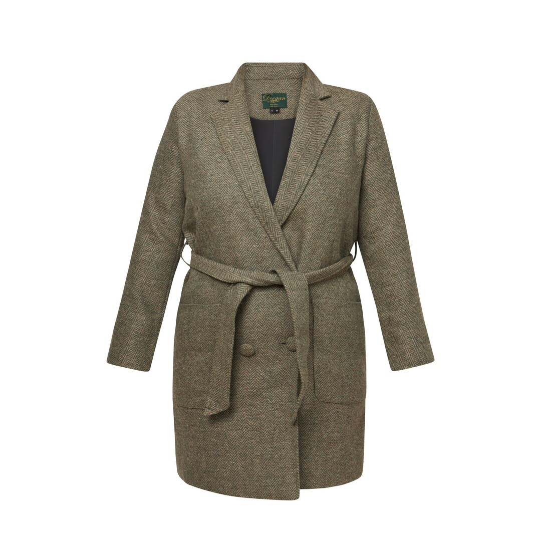 Donegal Tweed Double Breasted Belted Coat Donegal Green / Beige Fleck ...