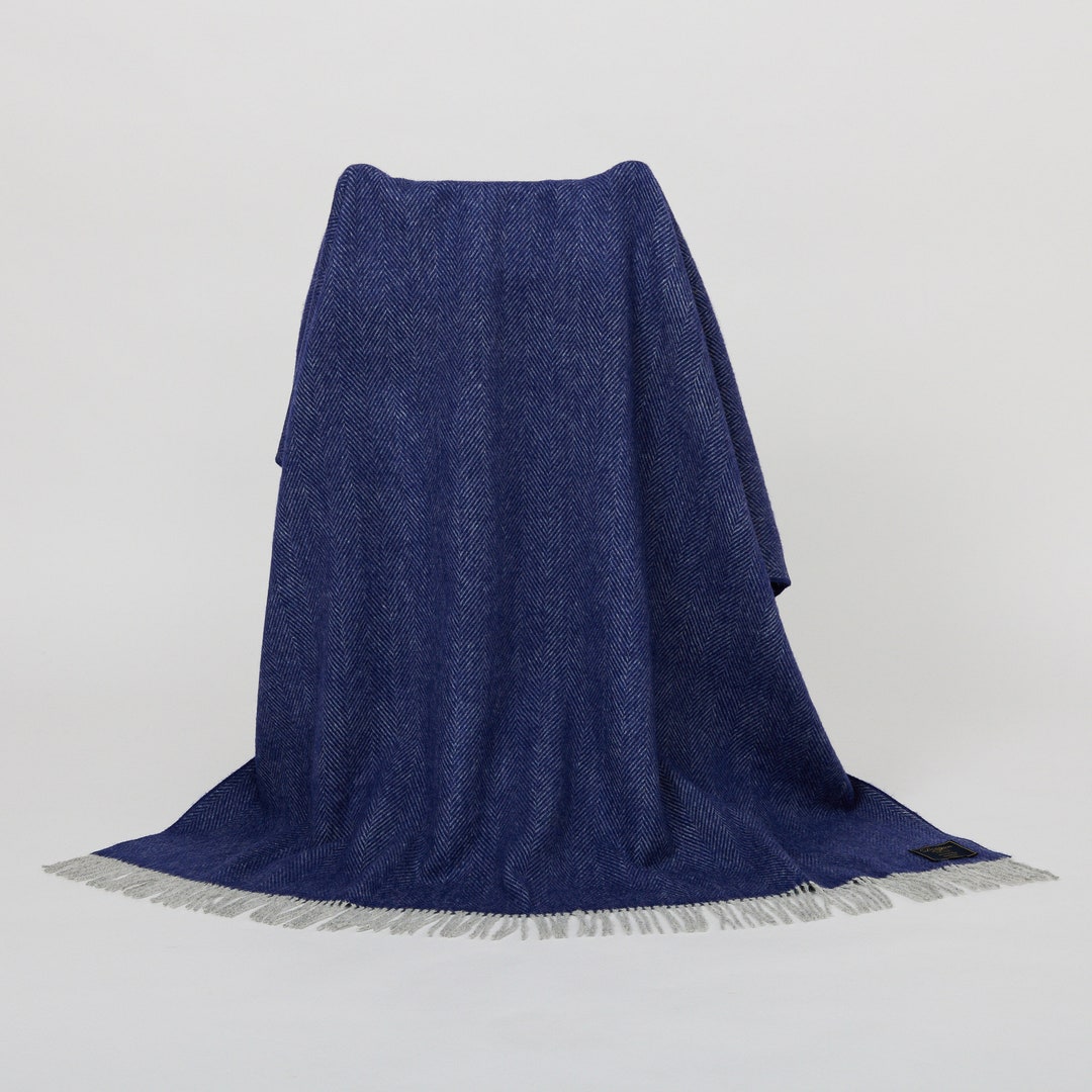 Irish 100% Wool Throw Atlantic Blue Herringbone Handcrafted One Size ...