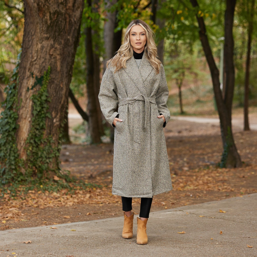 Irish Donegal Tweed - Double Breasted Belted Coat - Marled Granite ...