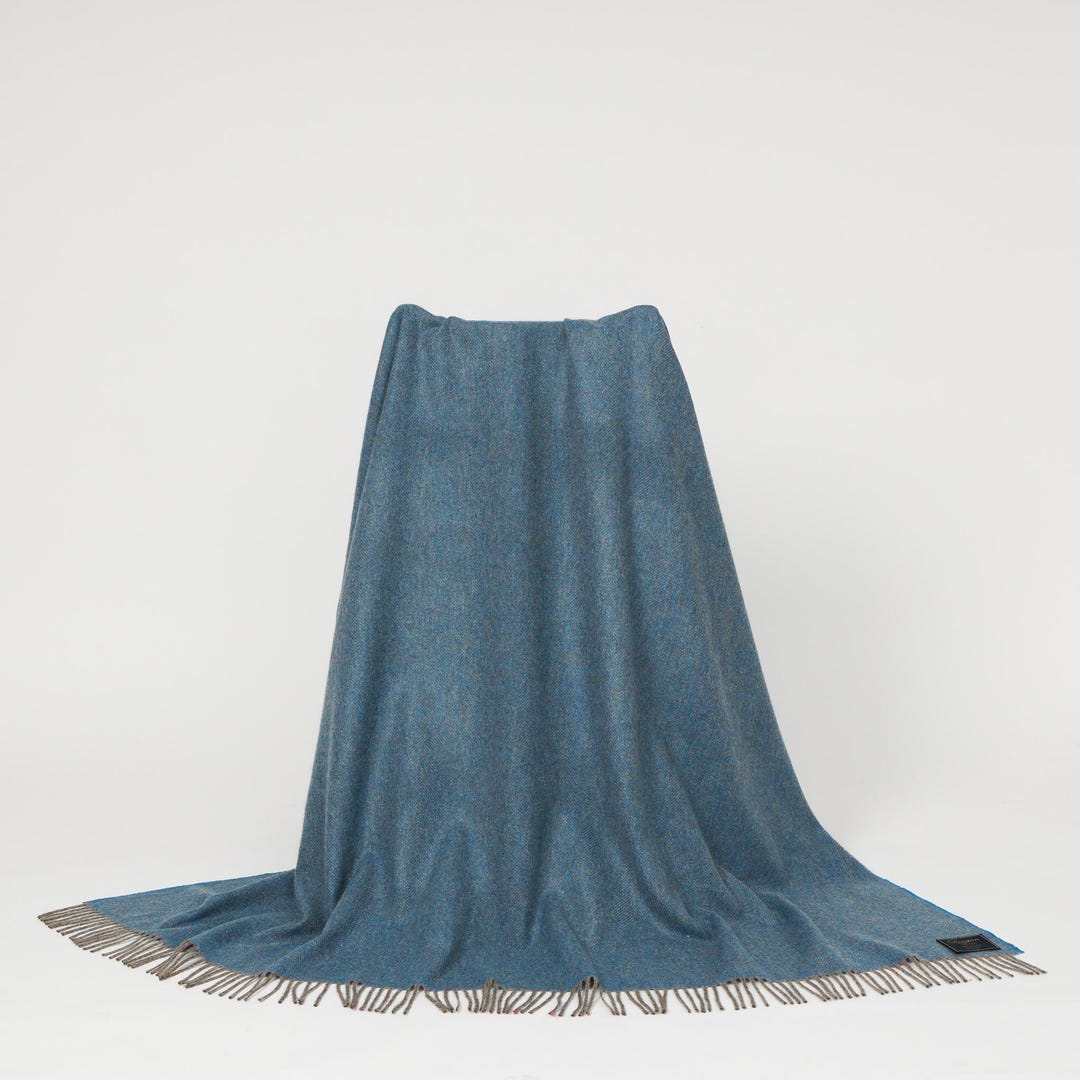 Irish Plaid 100% Wool Throw Donegal Sea Blue Herringbone Handcrafted ...