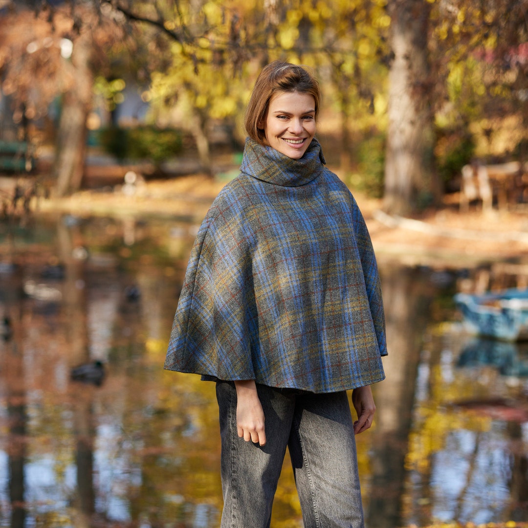 Irish - Donegal Tweed Cape/poncho -blue / Mustard Plaid - Ireland ...